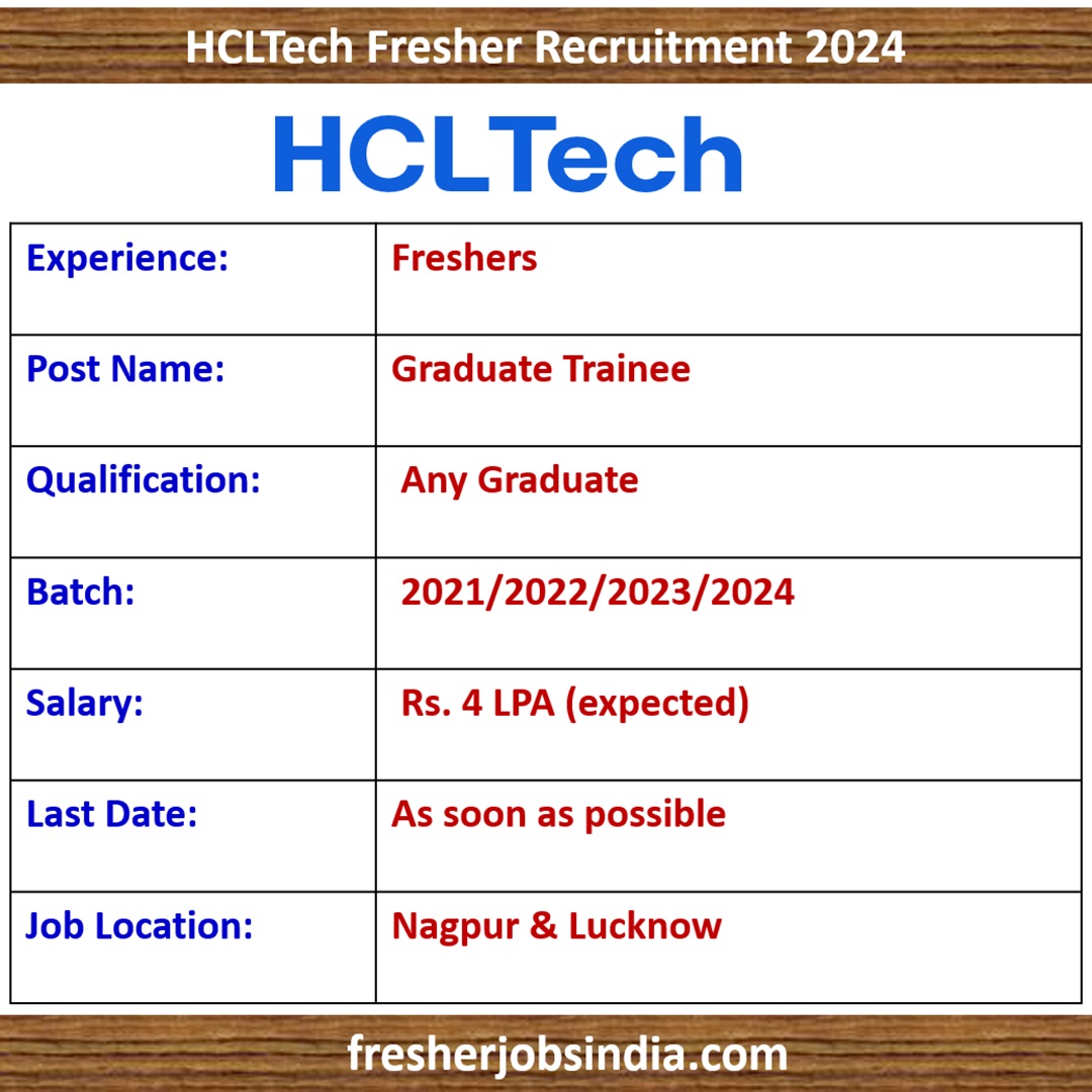 HCLTech Fresher Hiring 2024 | Graduate Trainee | Any Graduate HCLTech Fresher Hiring 2024 | Graduate Trainee | Any Graduate
